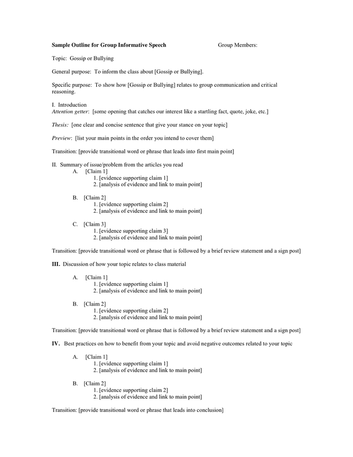  Example Of Informative Speech Outline Informative Speech Outline 
