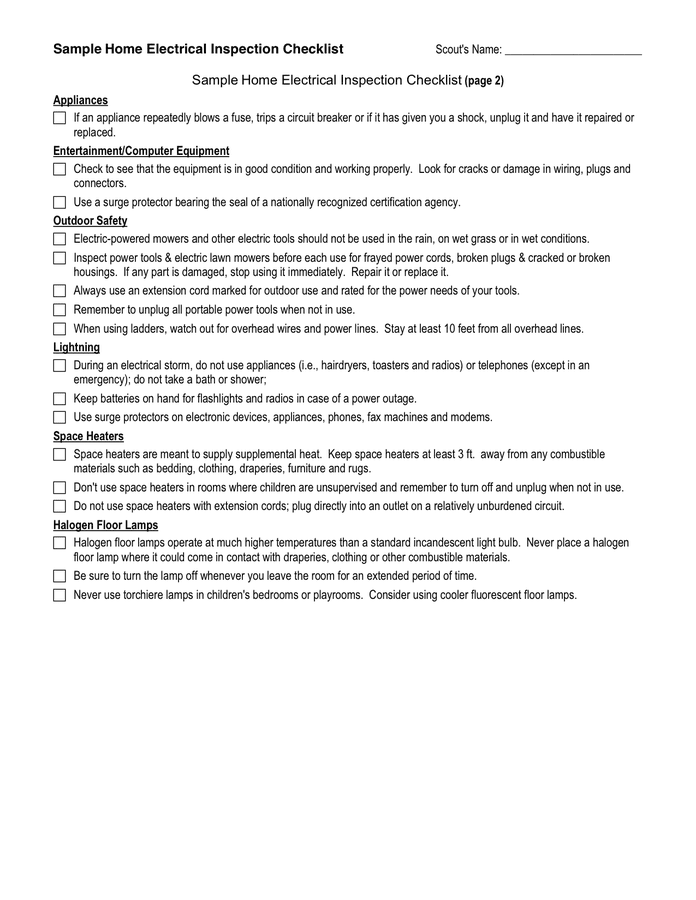 Electricity Home Inspection Checklist in Word and Pdf formats - page 2 of 2