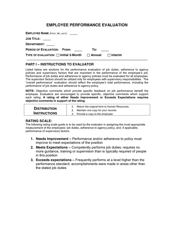 Employee Performance Evaluation Form In Word And Pdf Formats