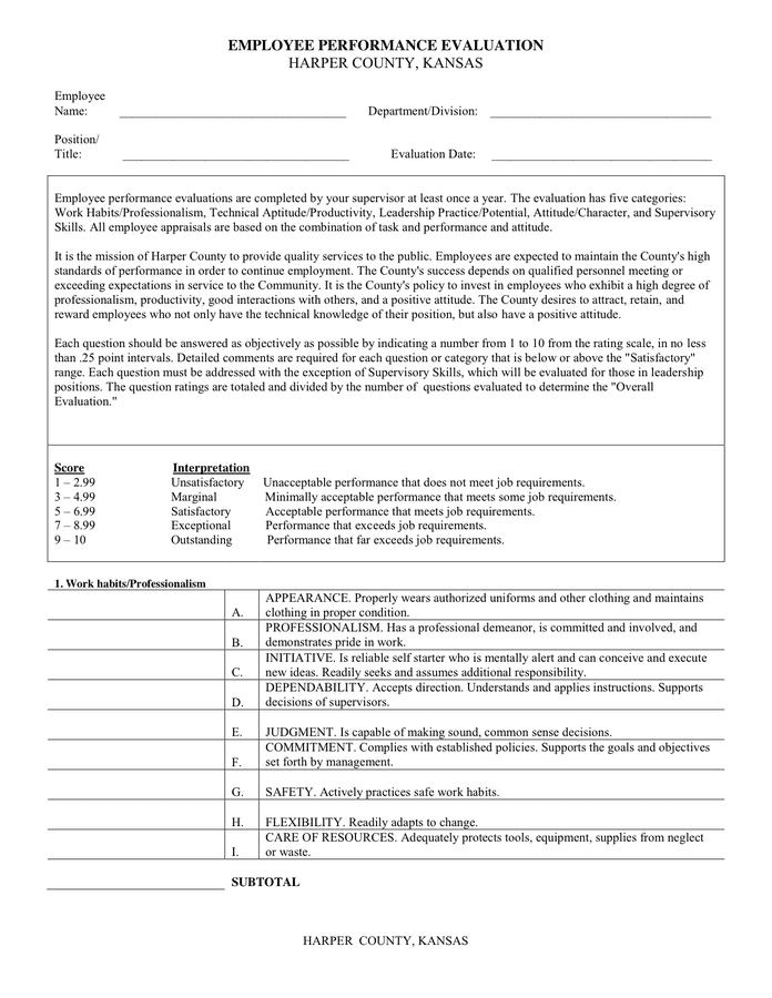 EMPLOYEE PERFORMANCE EVALUATION in Word and Pdf formats