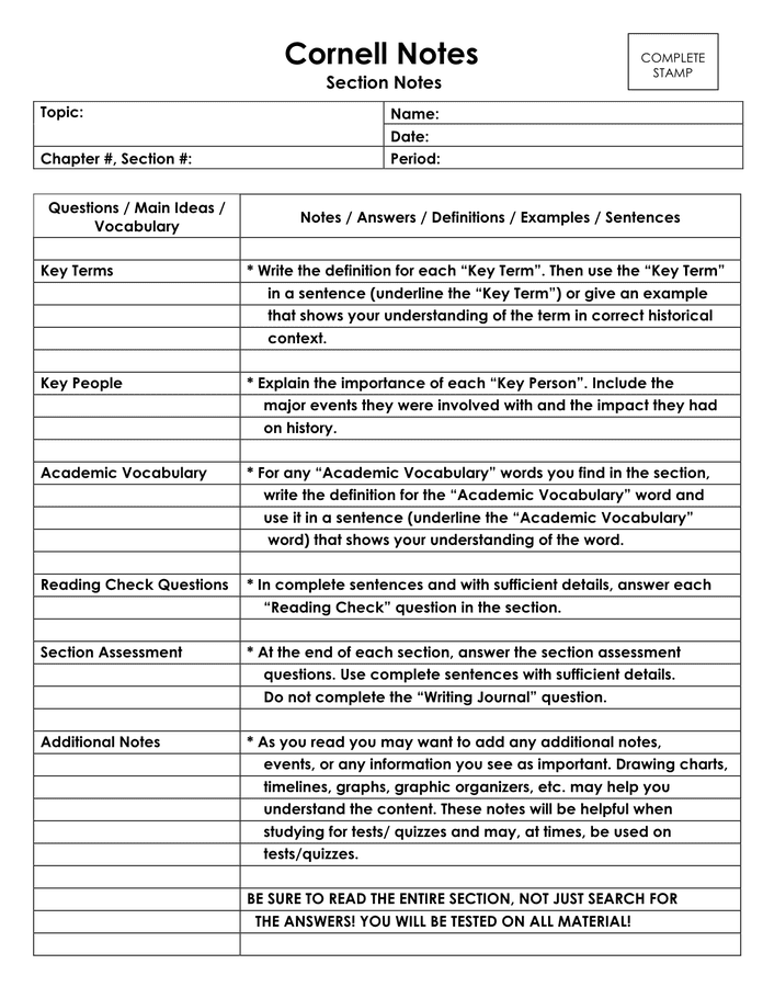 Cornell Notes Word Template In Word And Pdf Formats