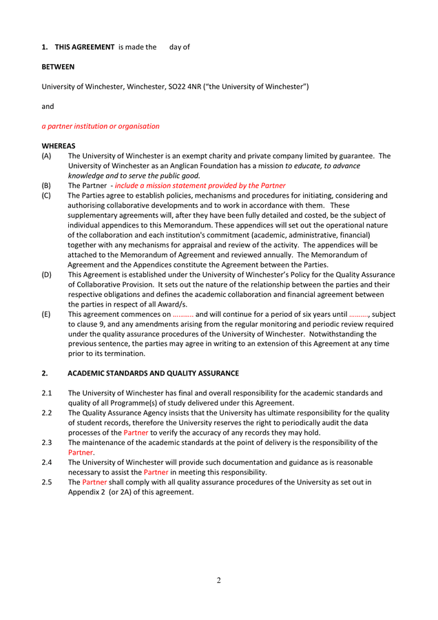 Memorandum of Agreement Template in Word and Pdf formats - page 2 of 19