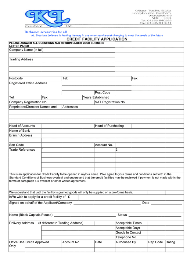 CREDIT FACILITY APPLICATION In Word And Pdf Formats