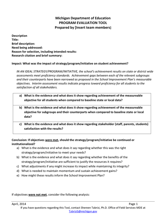 Program Evaluation - download free documents for PDF, Word and Excel