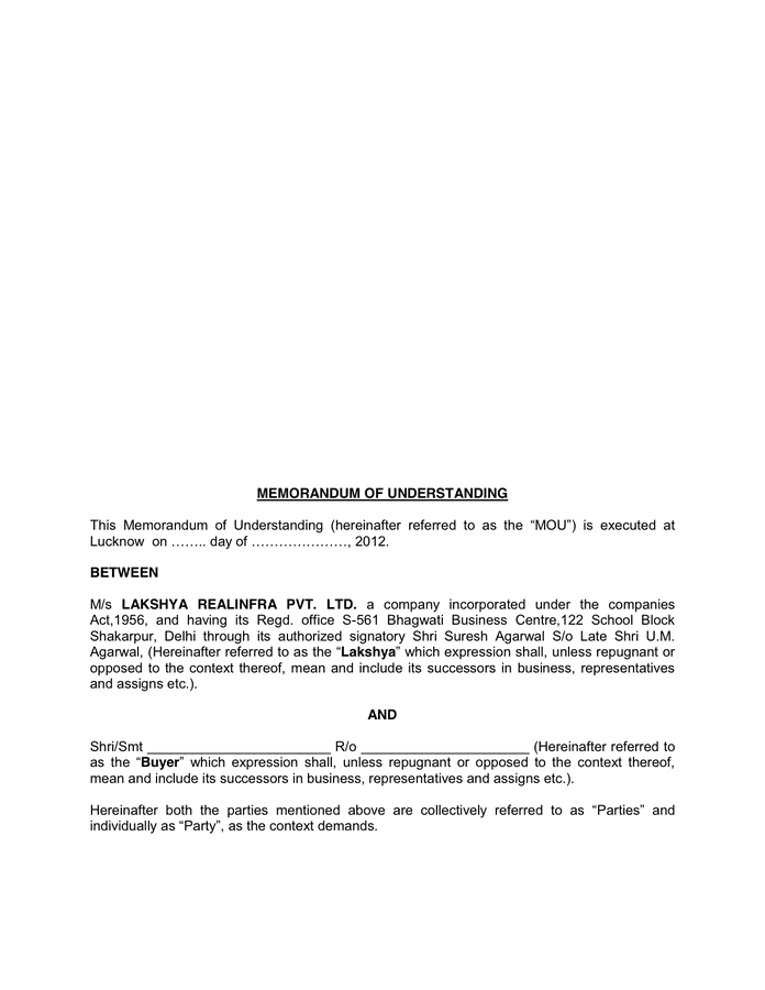 MEMORANDUM OF UNDERSTANDING in Word and Pdf formats