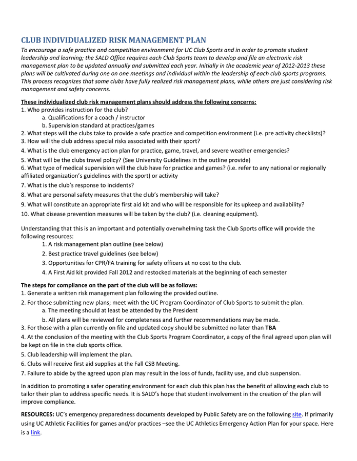 INDIVIDUALIZED RISK MANAGEMENT PLAN in Word and Pdf formats