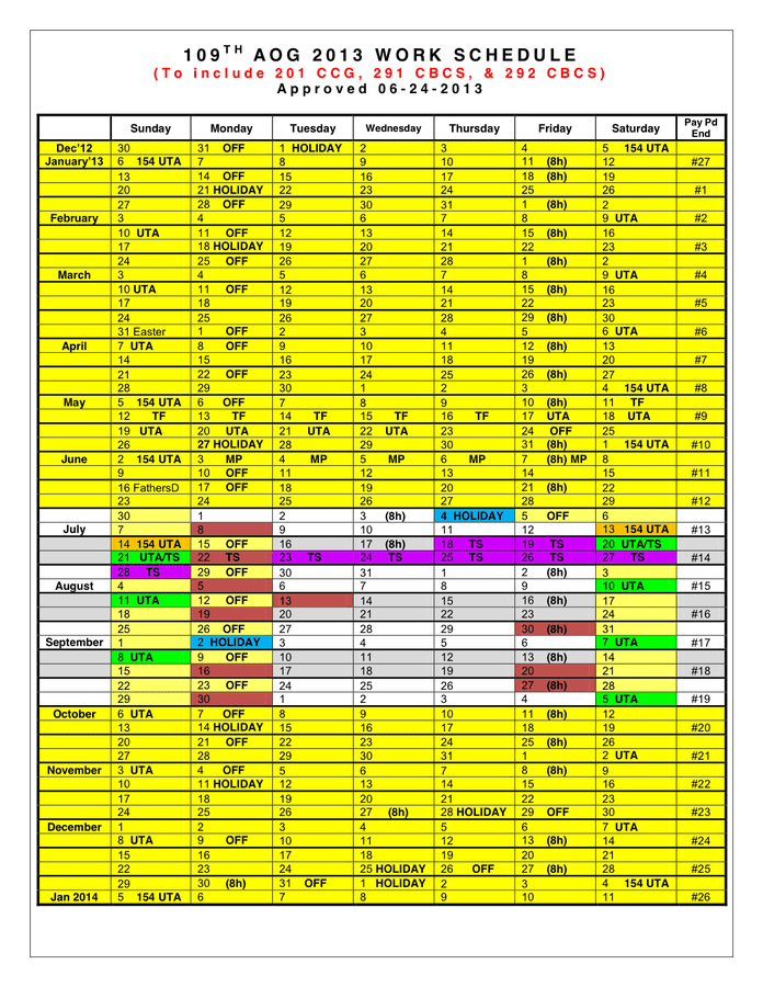 2005 work week schedule in Word and Pdf formats