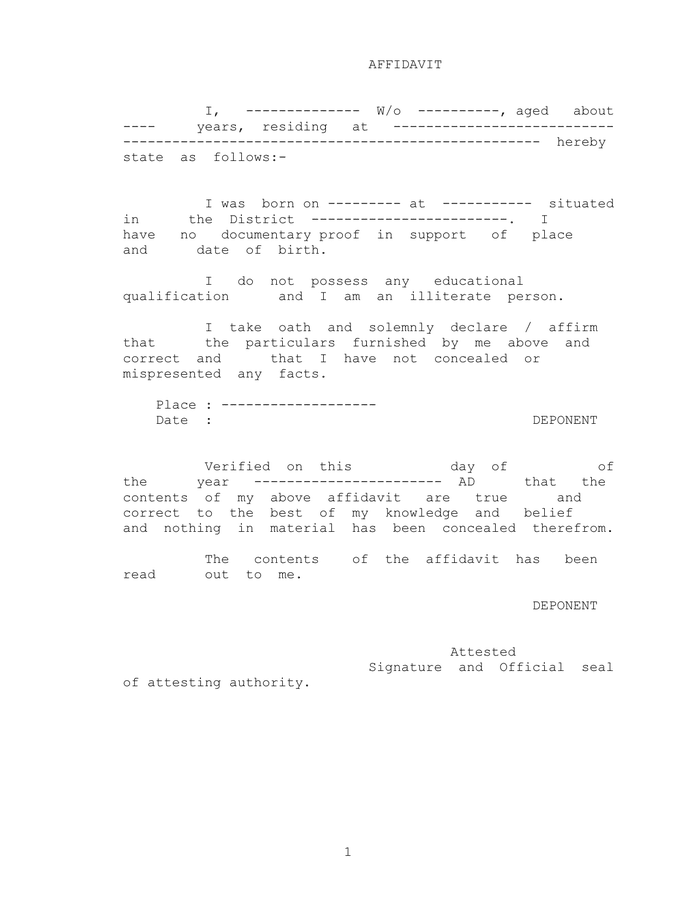AFFIDAVIT Form in Word and Pdf formats