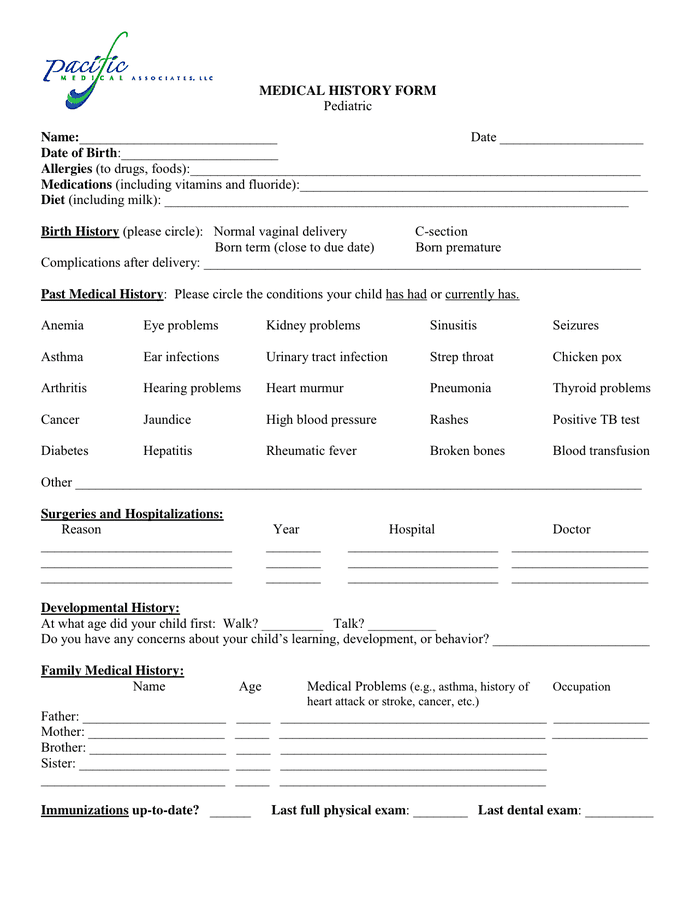 Medical History Form - download free documents for PDF, Word and Excel