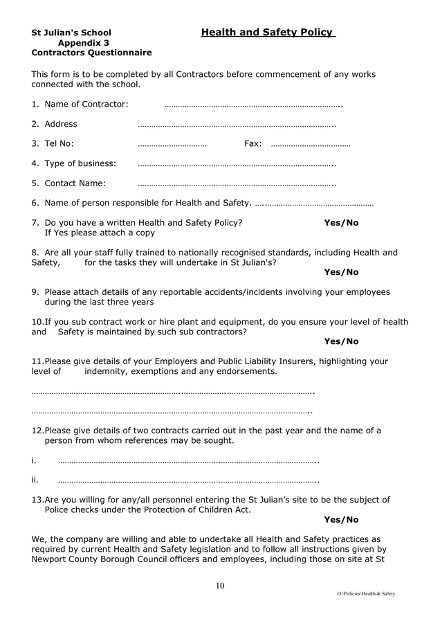 Health And Safety Policy In Word And Pdf Formats Page 10 Of 42