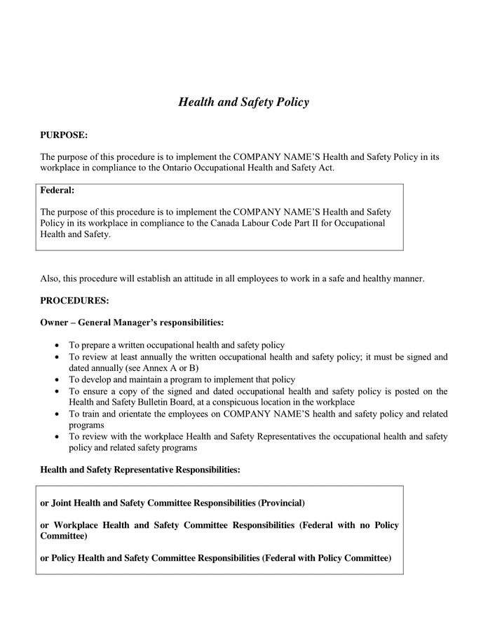 Health and Safety Policy - download free documents for PDF, Word and Excel