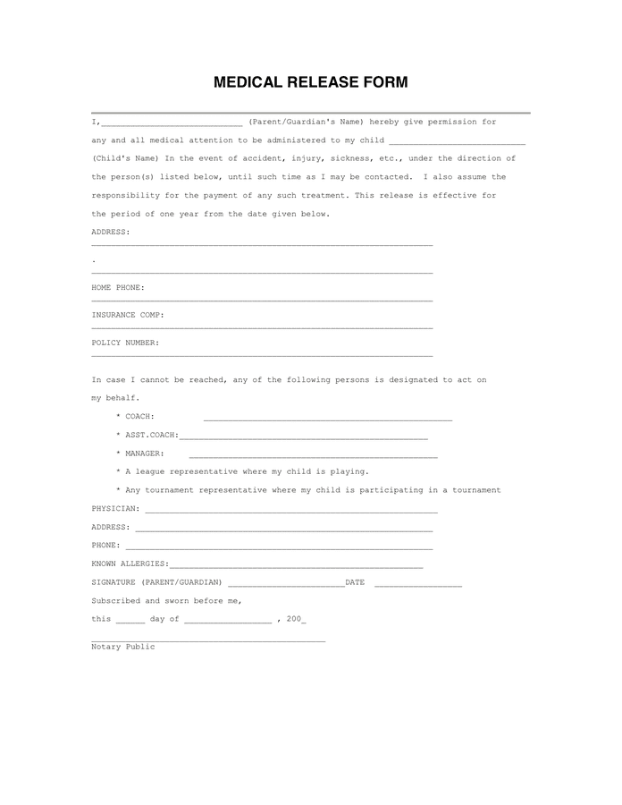 Medical Release Form - download free documents for PDF, Word and Excel