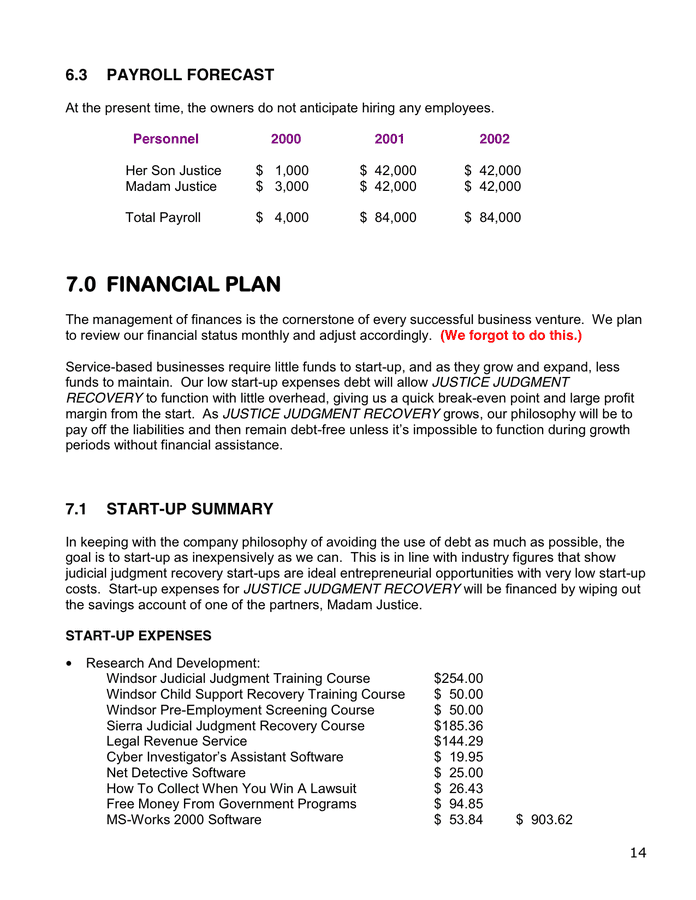 Business Plan Sample in Word and Pdf formats - page 14 of 18