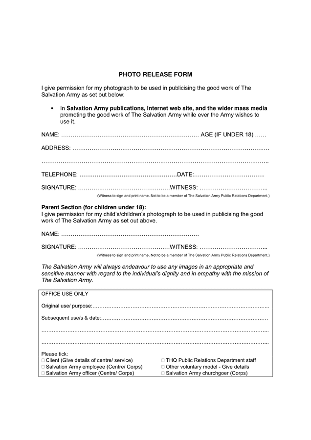 PHOTO RELEASE FORM in Word and Pdf formats