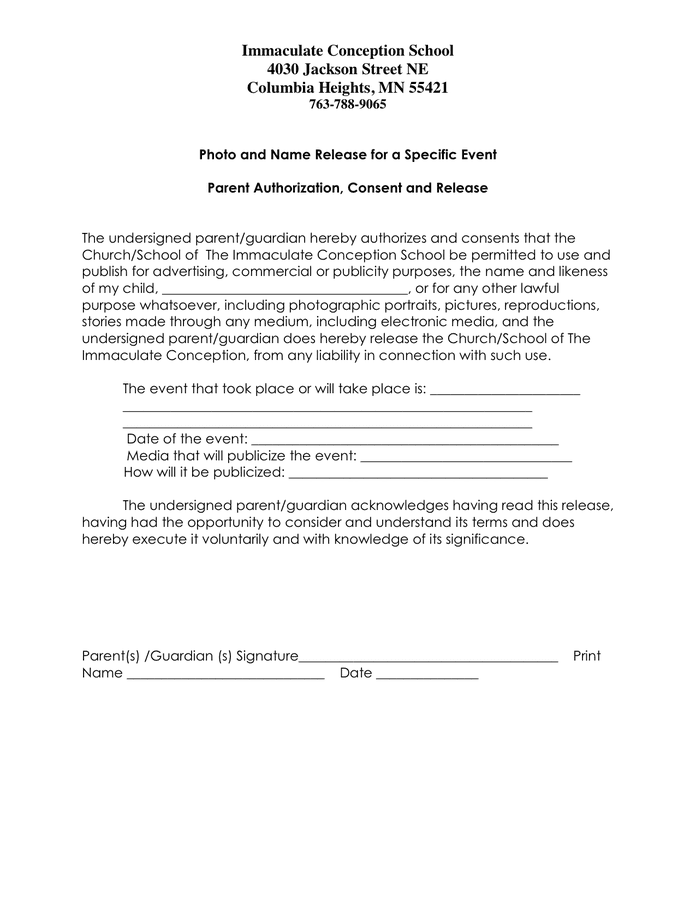 Photo and Name Release in Word and Pdf formats