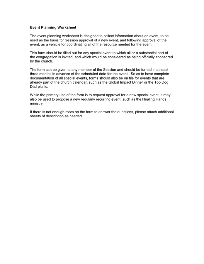 Event Planning Worksheet in Word and Pdf formats - page 2 of 2