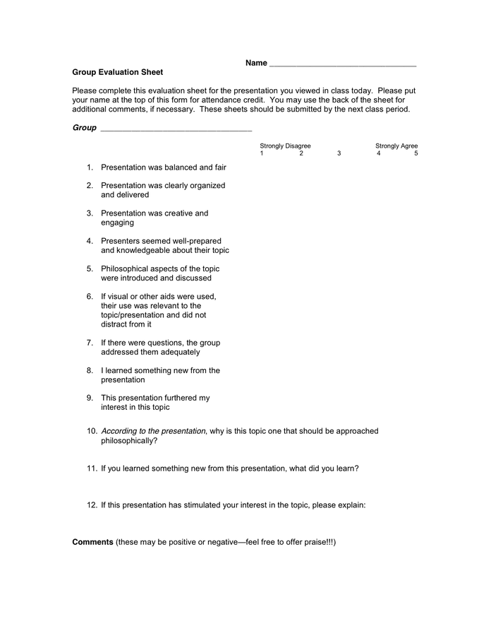 Peer Evaluation Sheet in Word and Pdf formats
