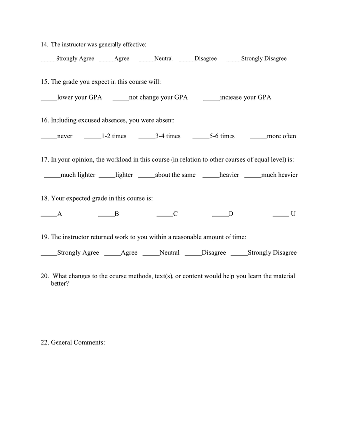 College COURSE EVALUATION FORM in Word and Pdf formats - page 3 of 3