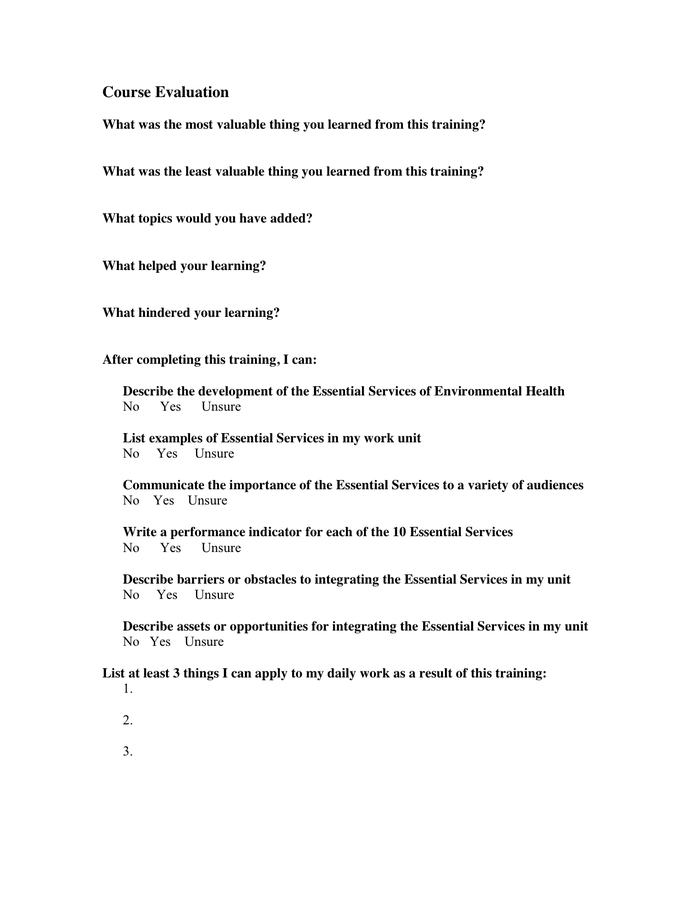 Sample Course Evaluation Form in Word and Pdf formats - page 2 of 2