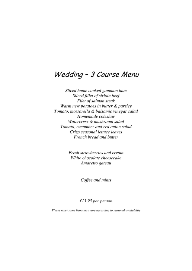 Wedding 3 Course Menu In Word And Pdf Formats