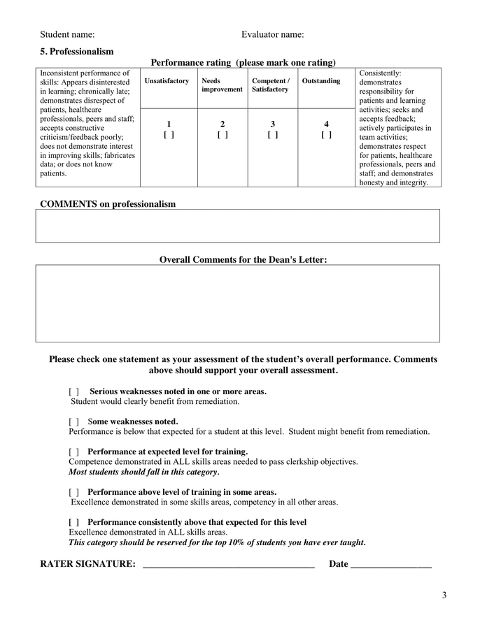CLERKSHIP STUDENT EVALUATION FORM in Word and Pdf formats - page 3 of 4