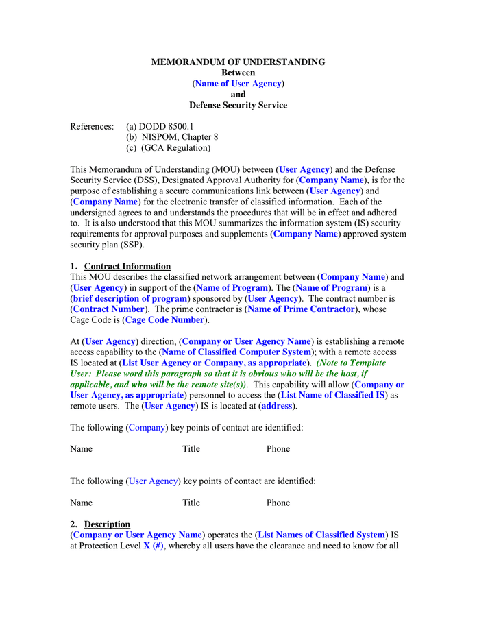 MEMORANDUM OF UNDERSTANDING in Word and Pdf formats