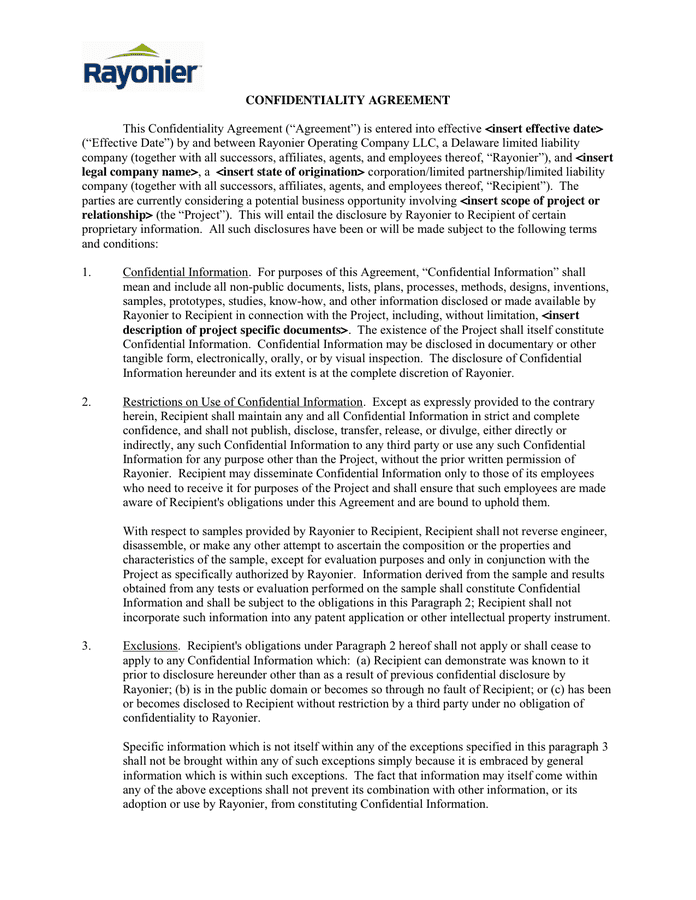 CONFIDENTIALITY AGREEMENT in Word and Pdf formats