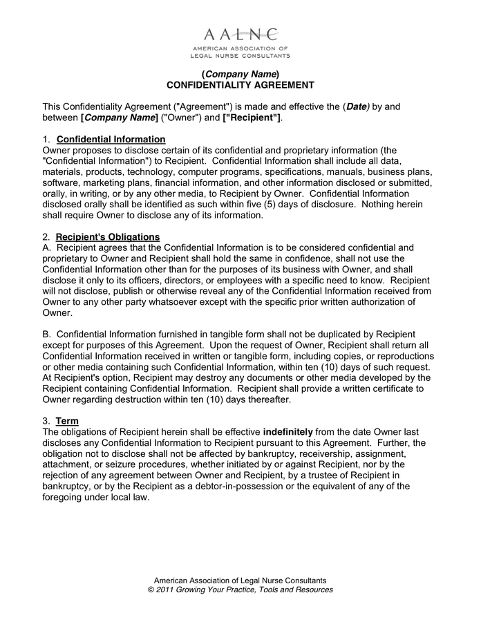 Confidentiality Agreement Template - download free documents for PDF ...