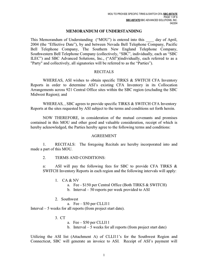 MEMORANDUM OF UNDERSTANDING in Word and Pdf formats