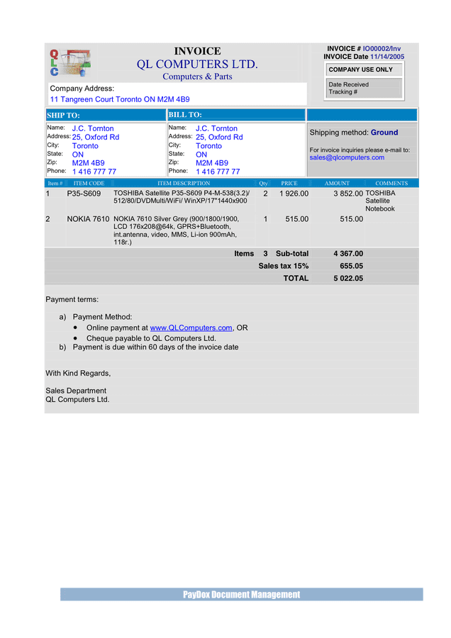 Sample Invoice - download free documents for PDF, Word and Excel