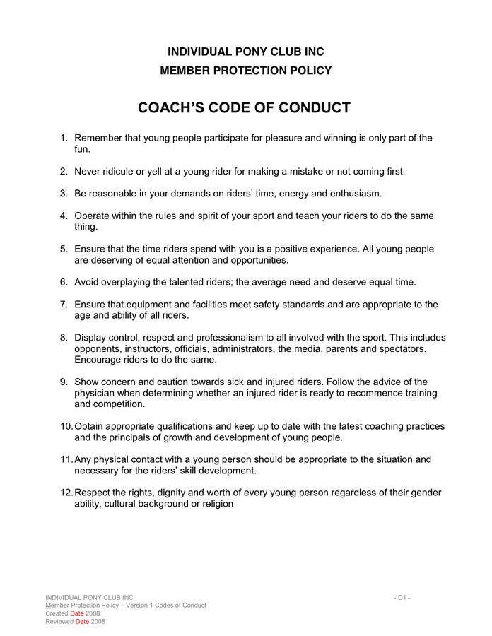 COACH S CODE OF CONDUCT In Word And Pdf Formats