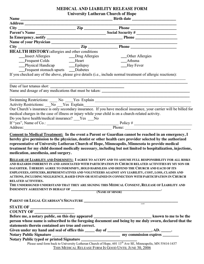 MEDICAL AND LIABILITY RELEASE FORM in Word and Pdf formats