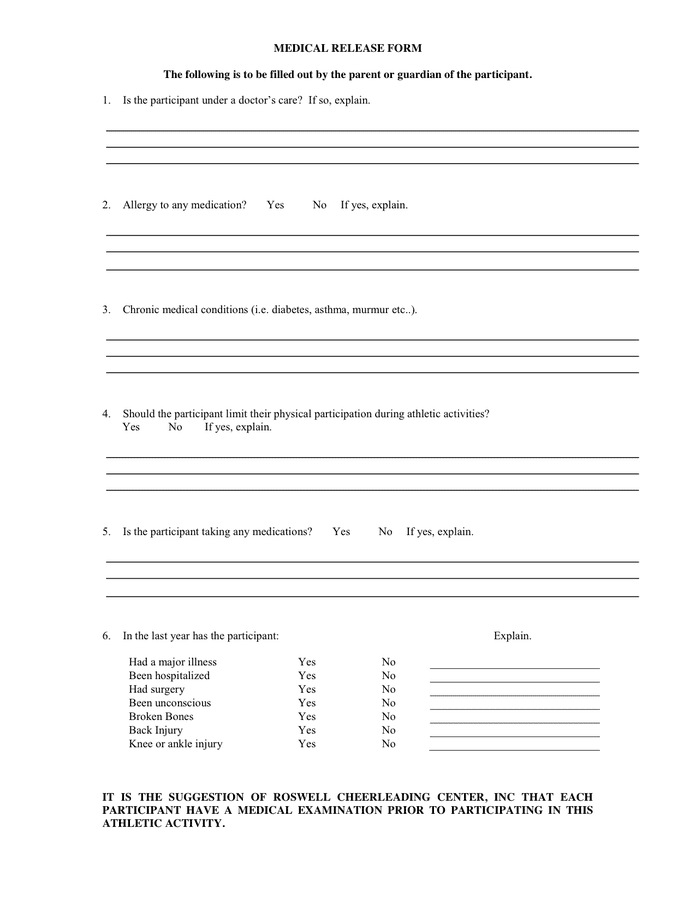 MEDICAL RELEASE FORM in Word and Pdf formats