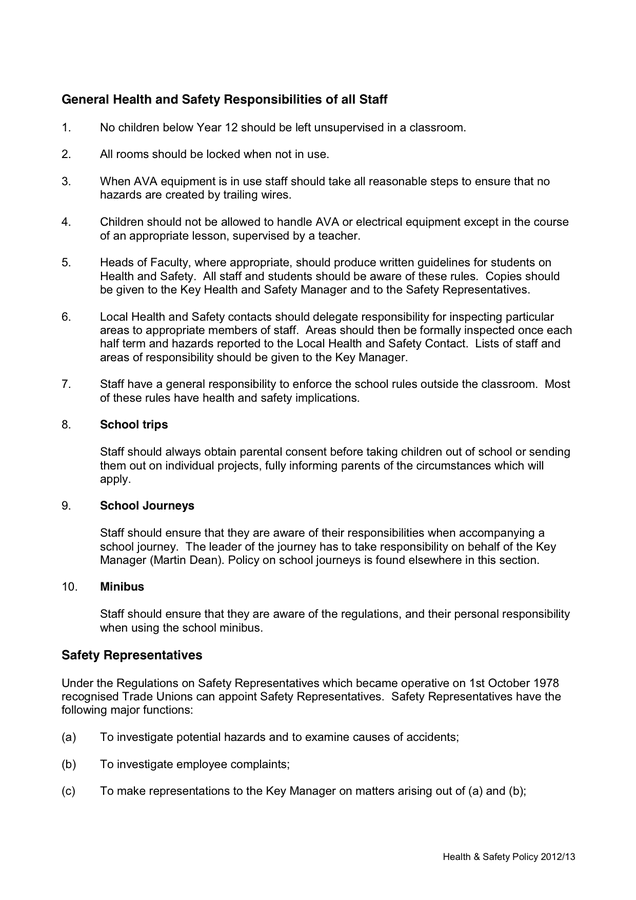 School HEALTH AND SAFETY POLICY In Word And Pdf Formats Page 7 Of 9