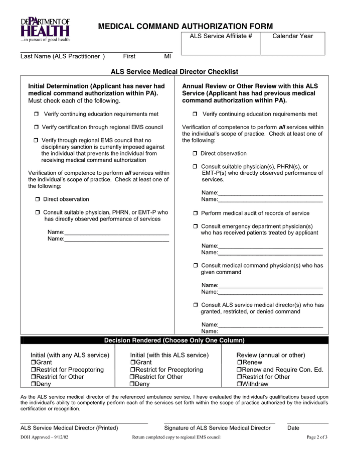 MEDICAL COMMAND AUTHORIZATION APPLICATION in Word and Pdf formats ...