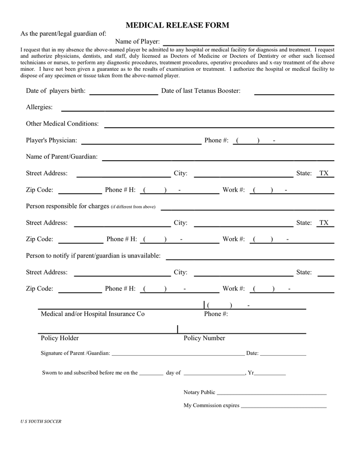MEDICAL RELEASE FORM in Word and Pdf formats