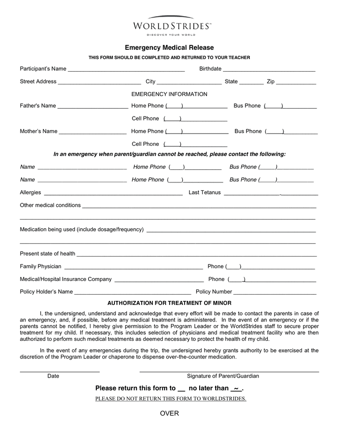 medical release form in Word and Pdf formats