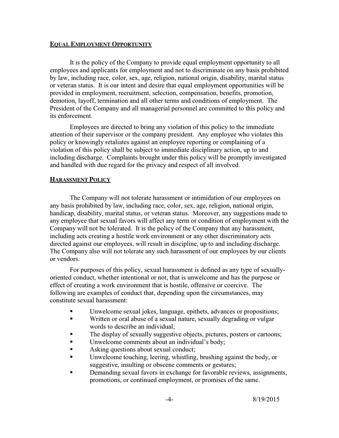 Sample Employee Handbook In Word And Pdf Formats Page 4 Of 21 Free