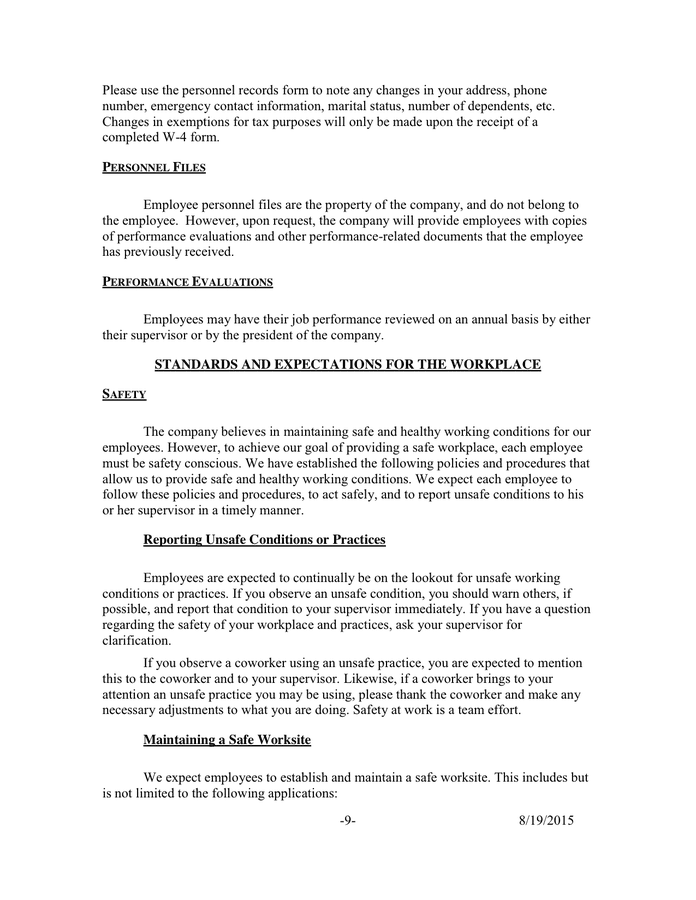 Sample Employee Handbook in Word and Pdf formats - page 9 of 21