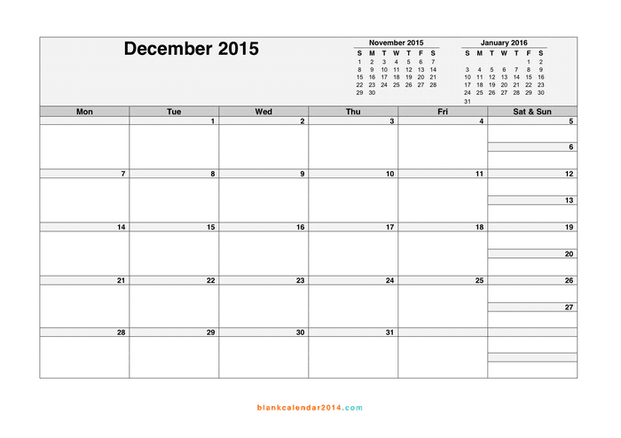 December 2015 Calendar - download free documents for PDF, Word and Excel