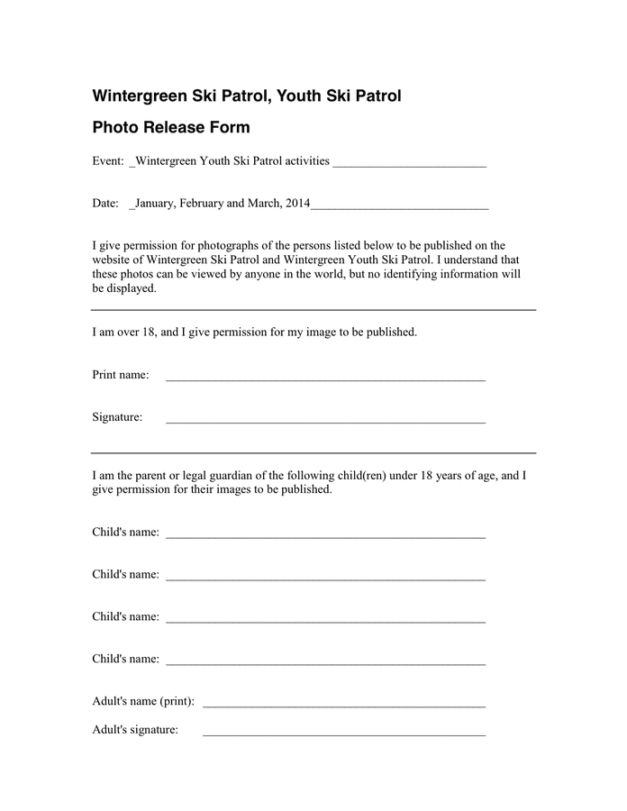 Photo Release Form in Word and Pdf formats