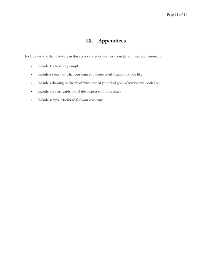 Business Plan sample in Word and Pdf formats - page 11 of 11