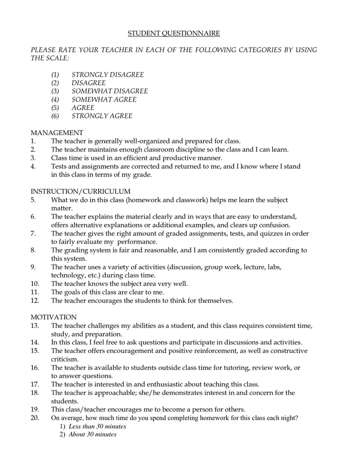 TEACHER EVALUATION QUESTIONNAIRE in Word and Pdf formats - page 3 of 4