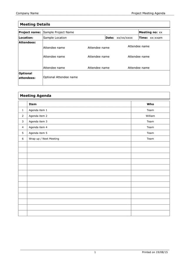 Project Meeting Agenda in Word and Pdf formats