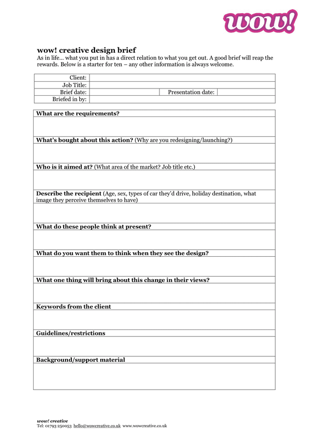 Creative design brief in Word and Pdf formats