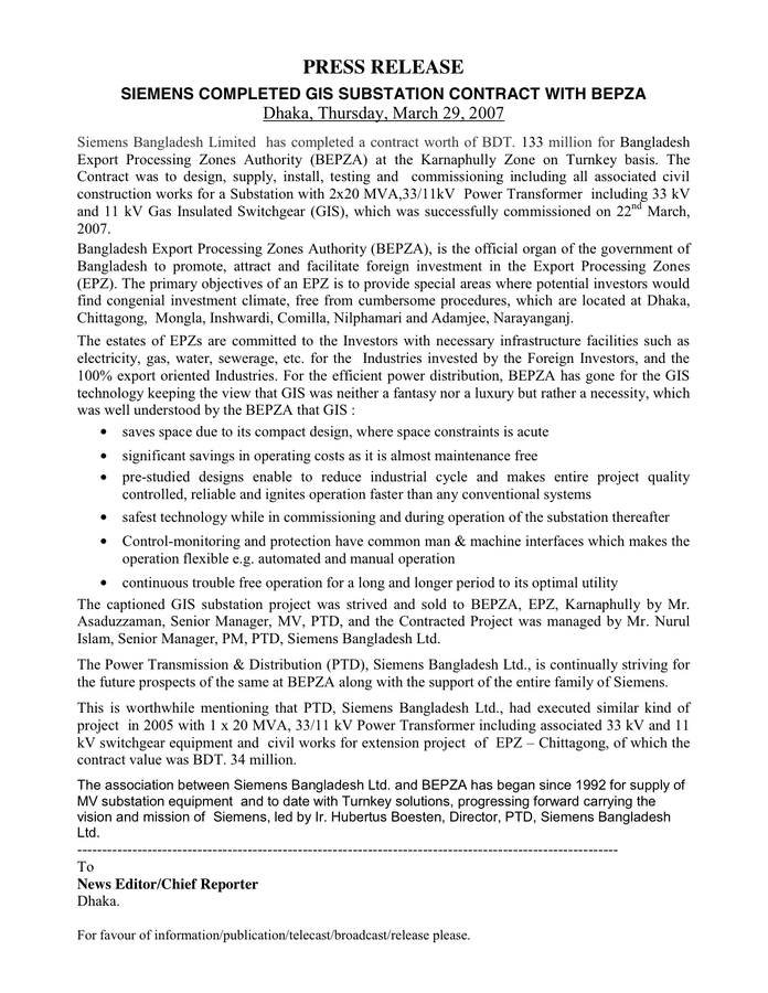 Sample PRESS RELEASE in Word and Pdf formats