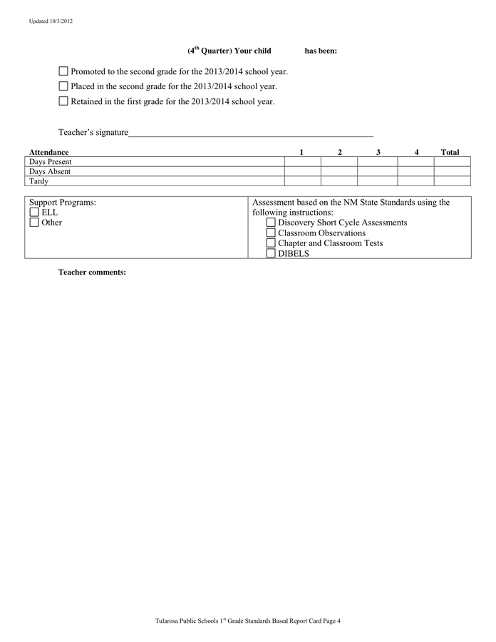 First Grade Progress Report in Word and Pdf formats - page 4 of 4