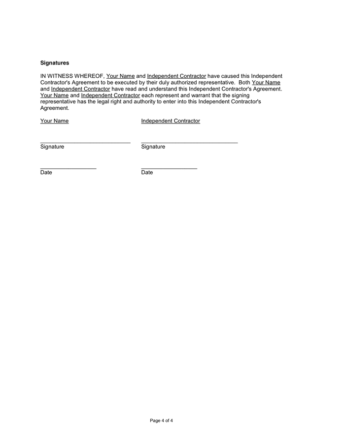 INDEPENDENT CONTRACTOR SERVICE AGREEMENT in Word and Pdf formats - page ...