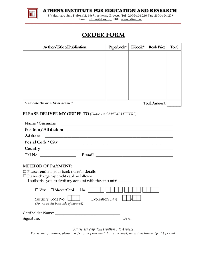 Order Form in Word and Pdf formats