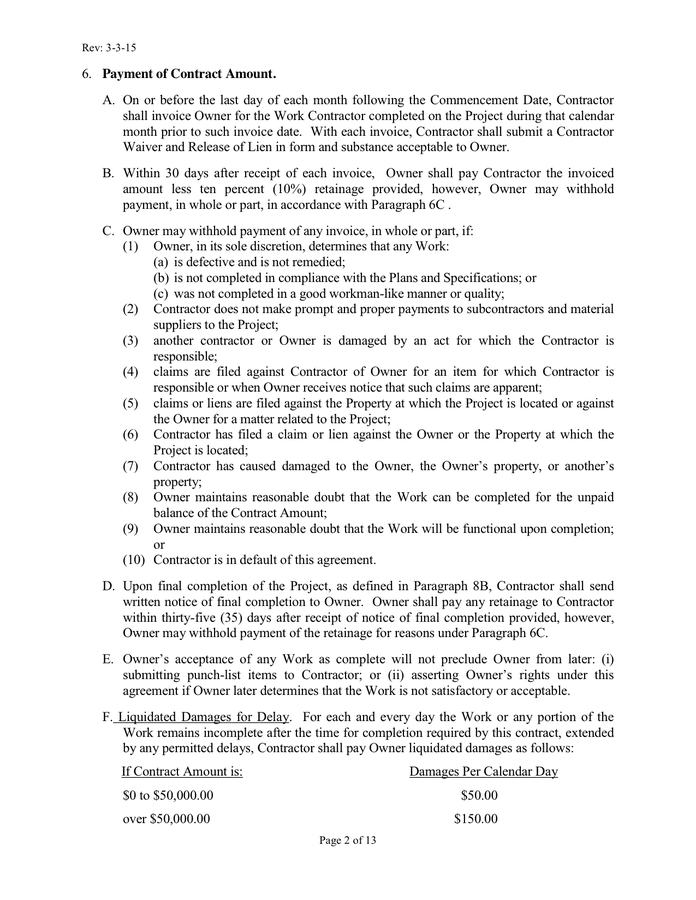 AGREEMENT FOR CONSTRUCTION CONTRACT in Word and Pdf formats - page 2 of 13